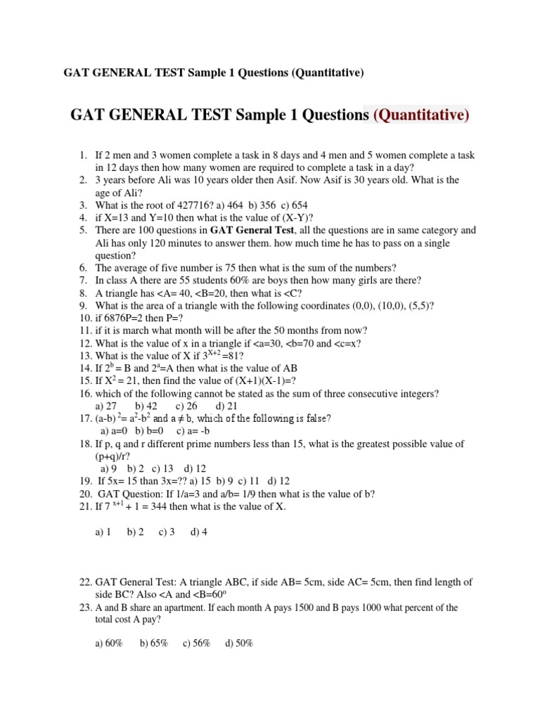 GAT GENERAL TEST Sample 1 Questions: (Quantitative) | PDF | Triangle | Area