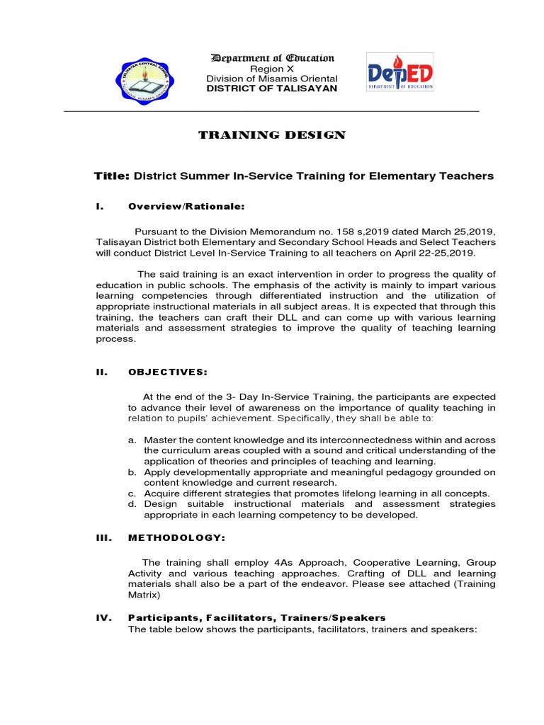Training Design Tal | PDF | Teachers | Differentiated Instruction