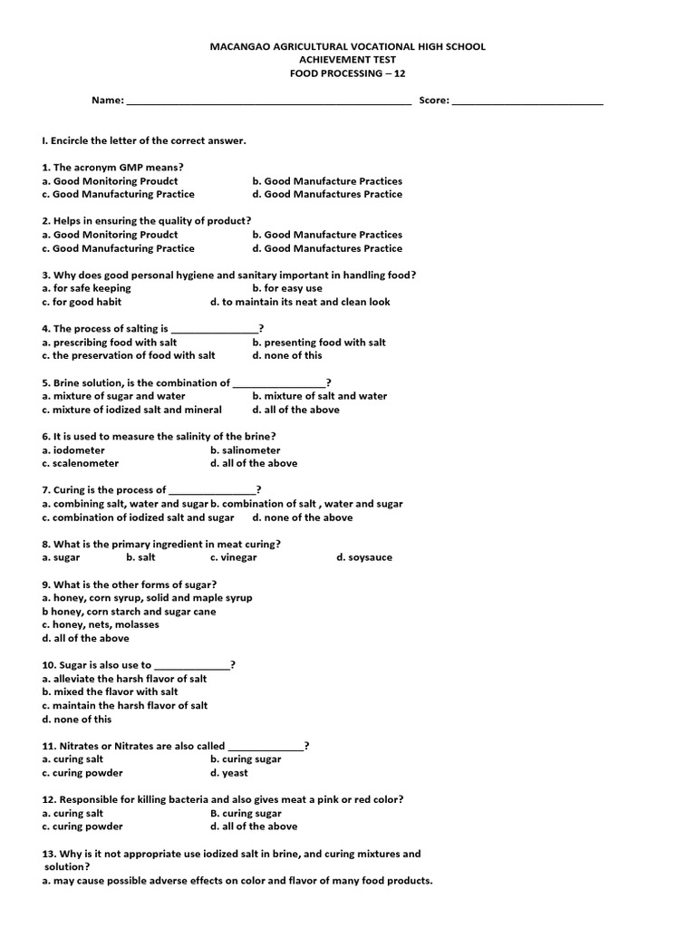 Food Processing Test for High School | PDF | Fruit Preserves | Curing ...