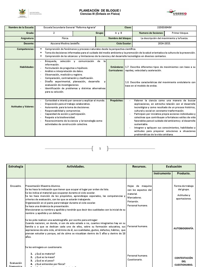Planeacion de Ciencias Segundo Grado | PDF | Movimiento (física) | Olas