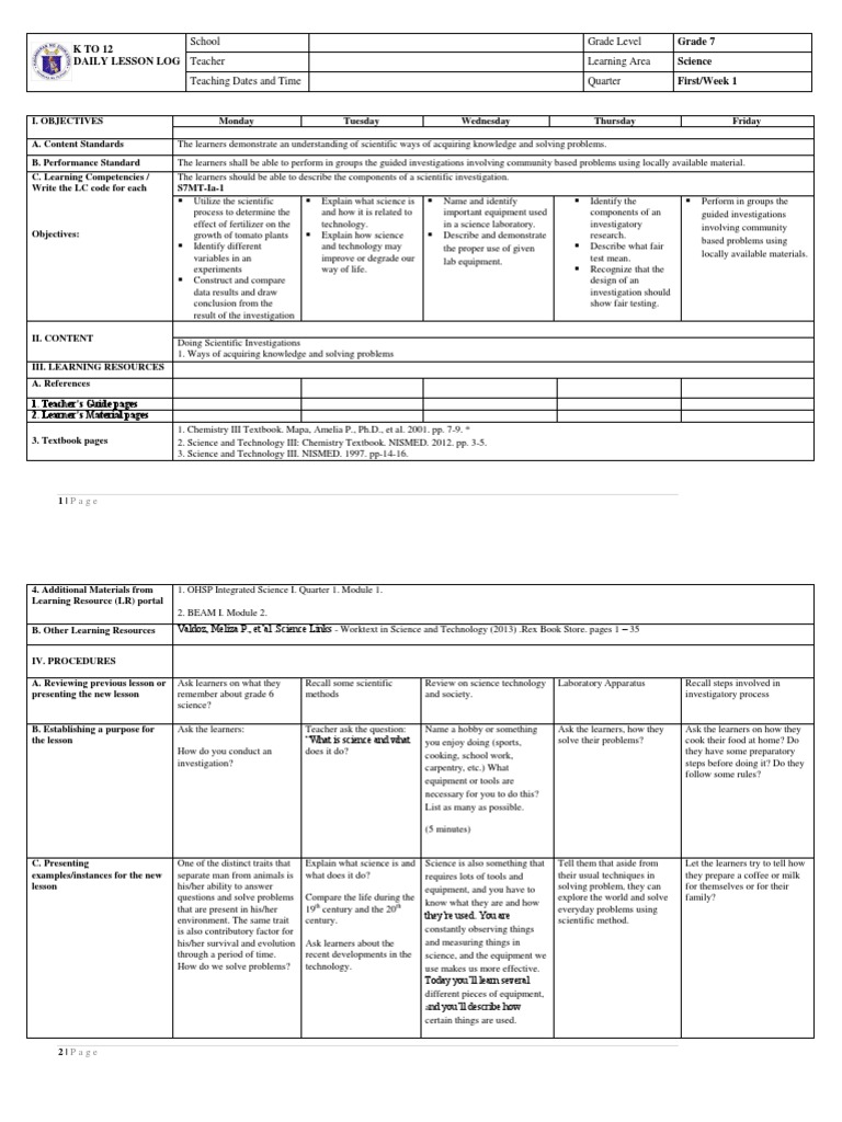 DLL Science 7 Q1 - Week 1 | PDF | Scientific Method | Science