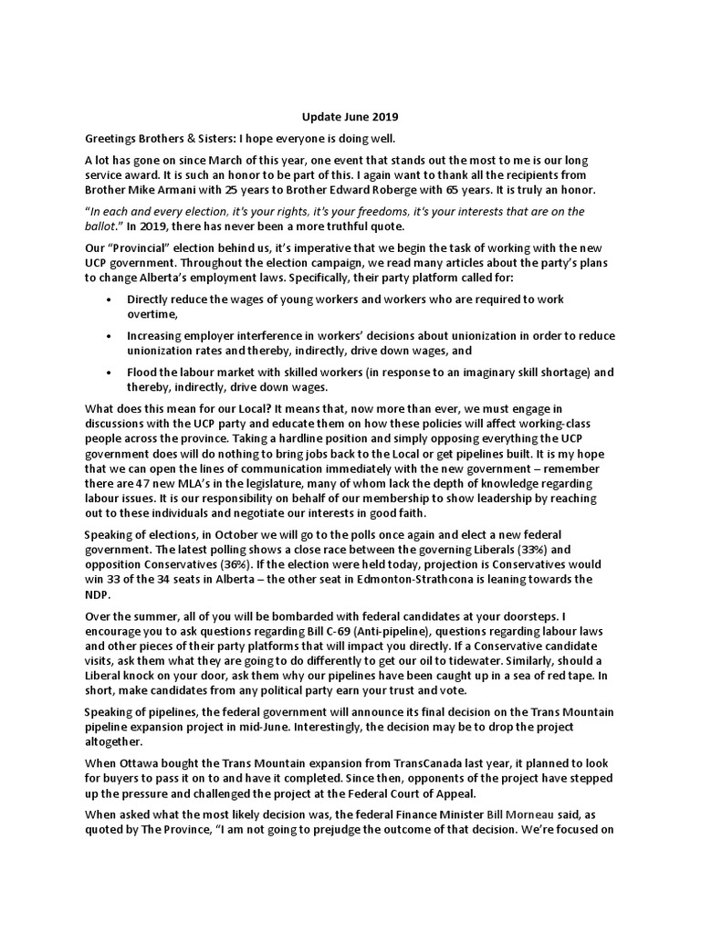 Rod McKay Update | PDF | Keystone Pipeline | Employment