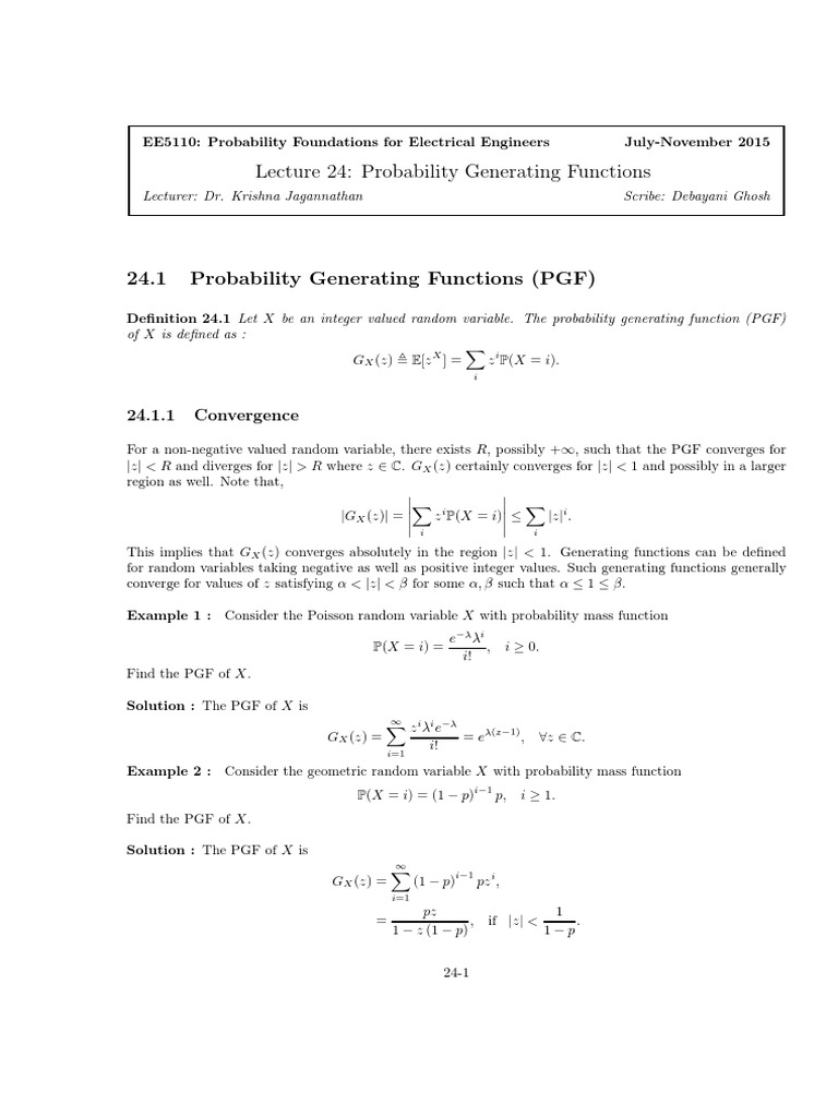 Lecture24 PGF PDF | PDF | Probability Theory | Integer