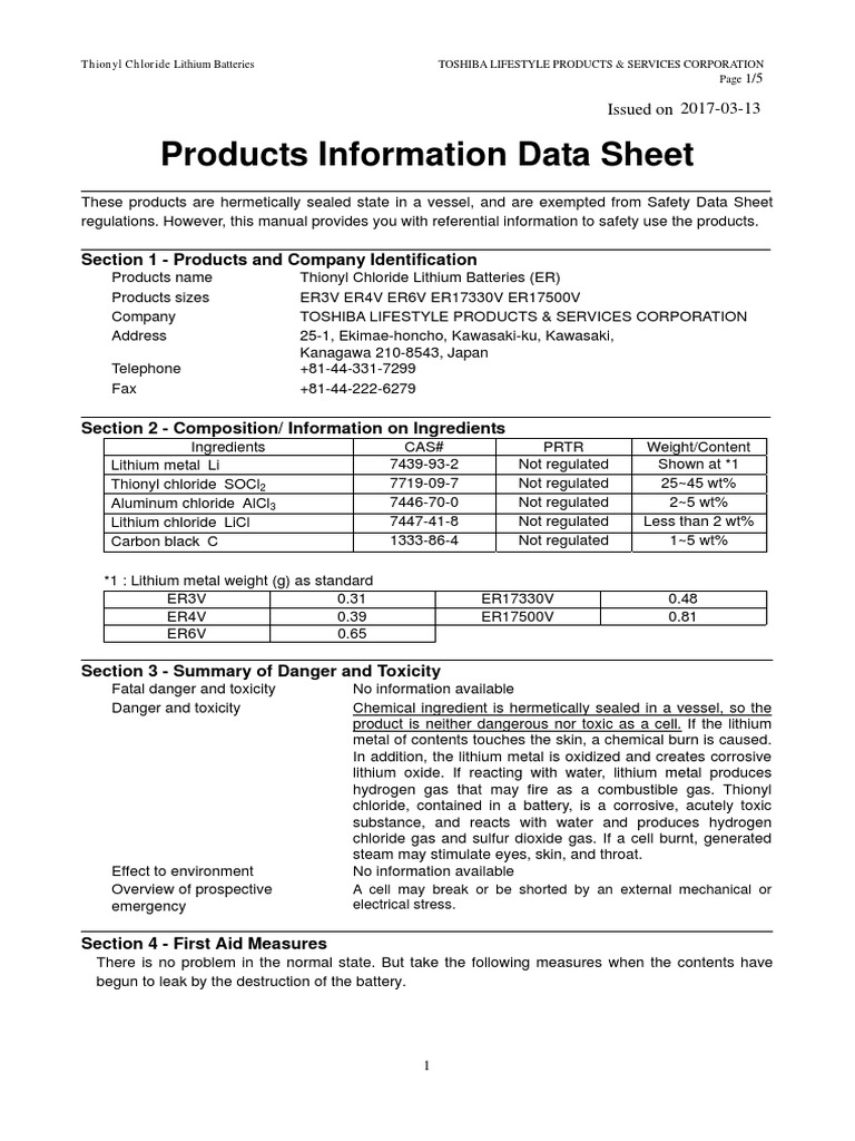 Product Data Sheet (MSDS) - ER17500V - Eng - Pack Contains 3 Batteries ...