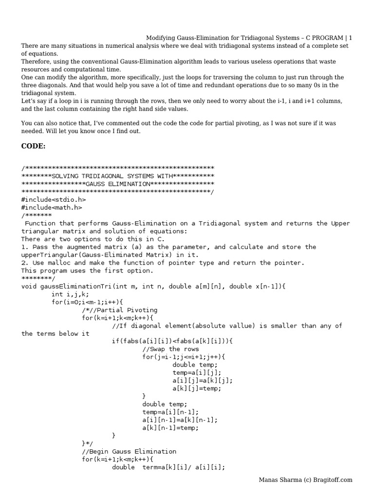 Modifying Gauss-Elimination For Tridiagonal Systems – C PROGRAM | PDF | Matrix (Mathematics ...
