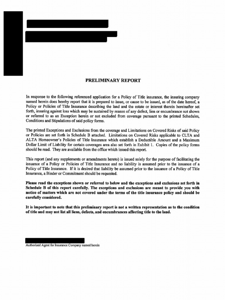 Redacted Preliminary Title Report | PDF | Title Insurance | Insurance Policy