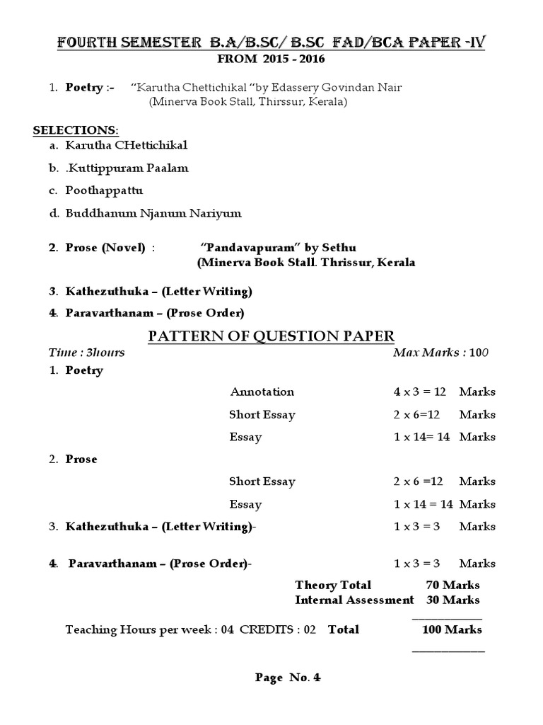 Fourth Semester B.A/B.Sc/ B.SC Fad/Bca Paper - Iv: Pattern of Question ...