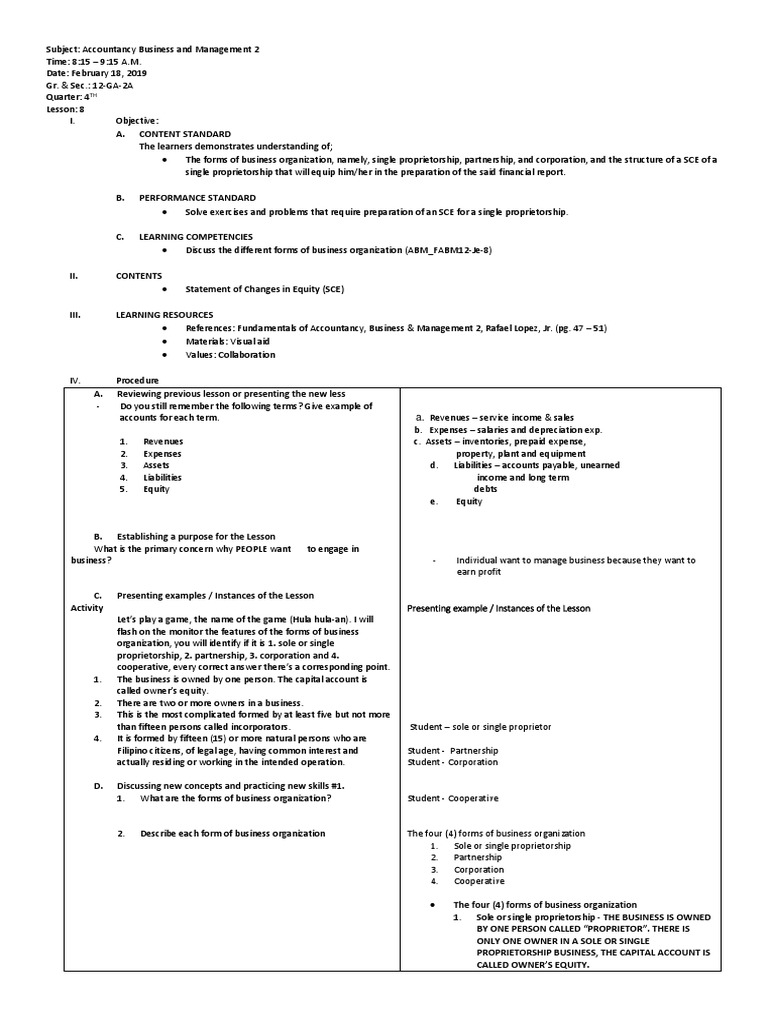 Lesson Plan - Forms of Business Organization - Statement of Changes in ...