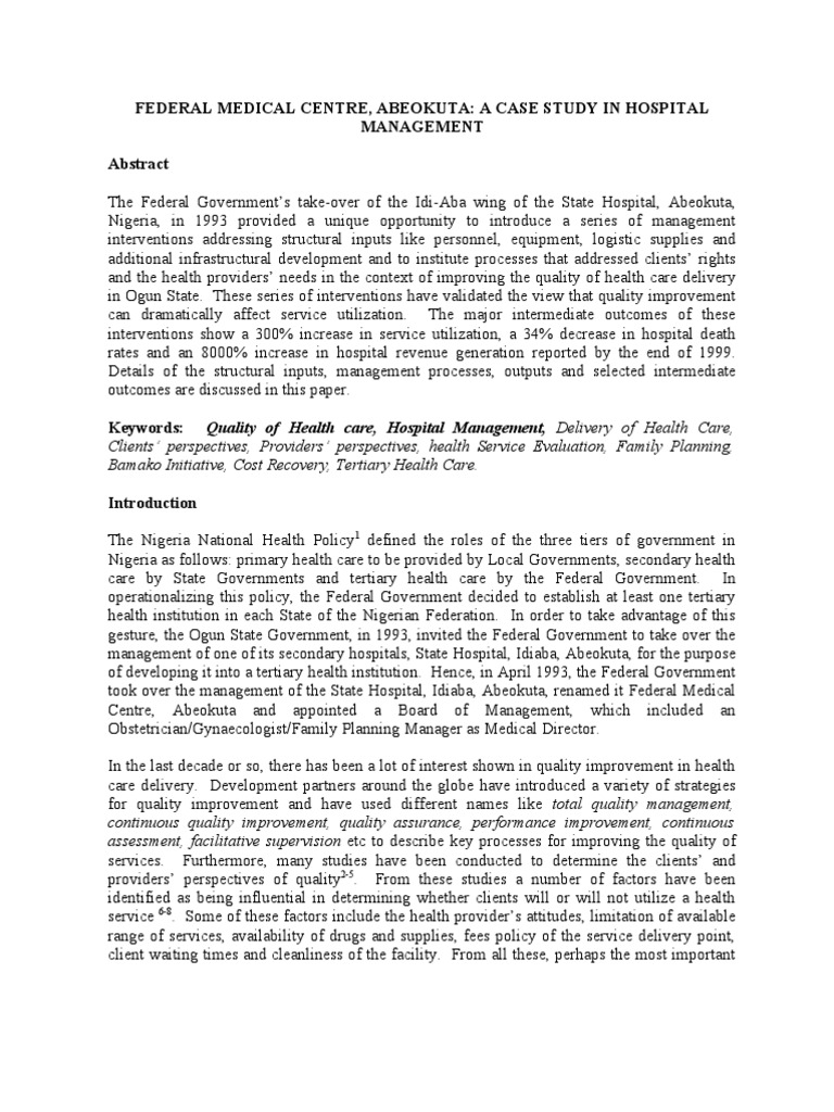 Federal Medical Centre, Abeokuta: A Case Study in Hospital Management ...