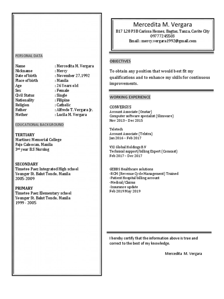 Mercedita M. Vergara: Personal Data | Download Free PDF | Health Care | Computing