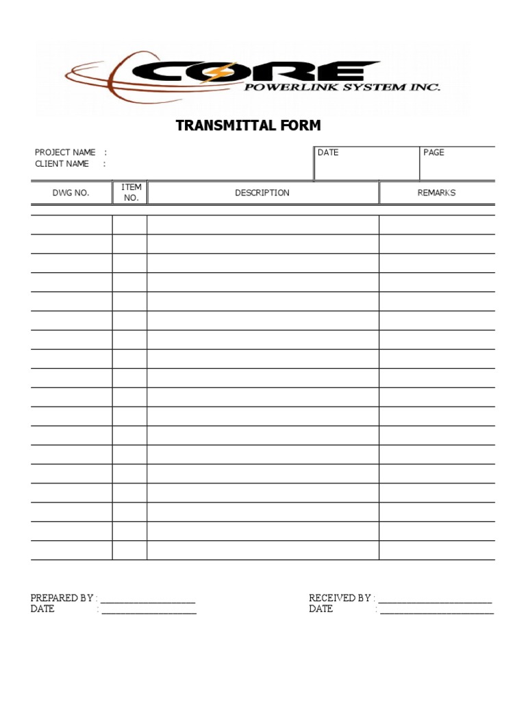 Transmittal Form: Project Name: Client Name: Date | PDF