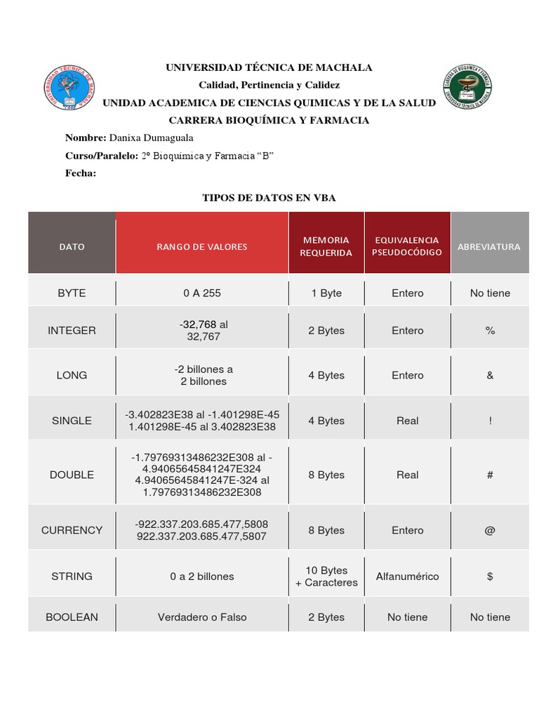 Tipos de Datos en Vba | PDF | Tipo de datos | Cadena (informática)