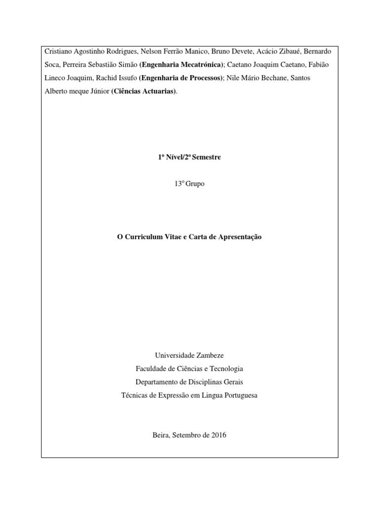 Curriculum Vitae e Carta de Apresentaçao | PDF | Science | Currículo