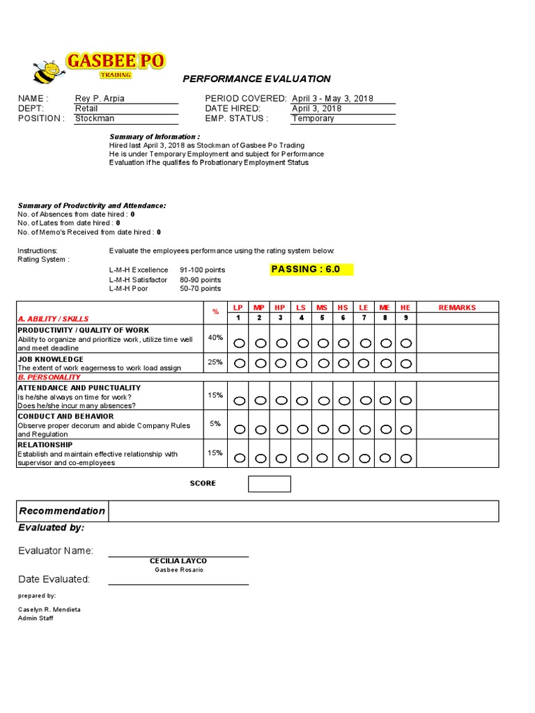 Evaluation Form - Rey Arpia-CECIL | PDF