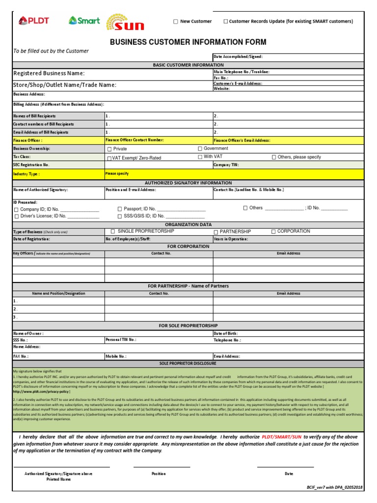 PLDT Business Customer Information Form | PDF | Credit Card | Sole ...