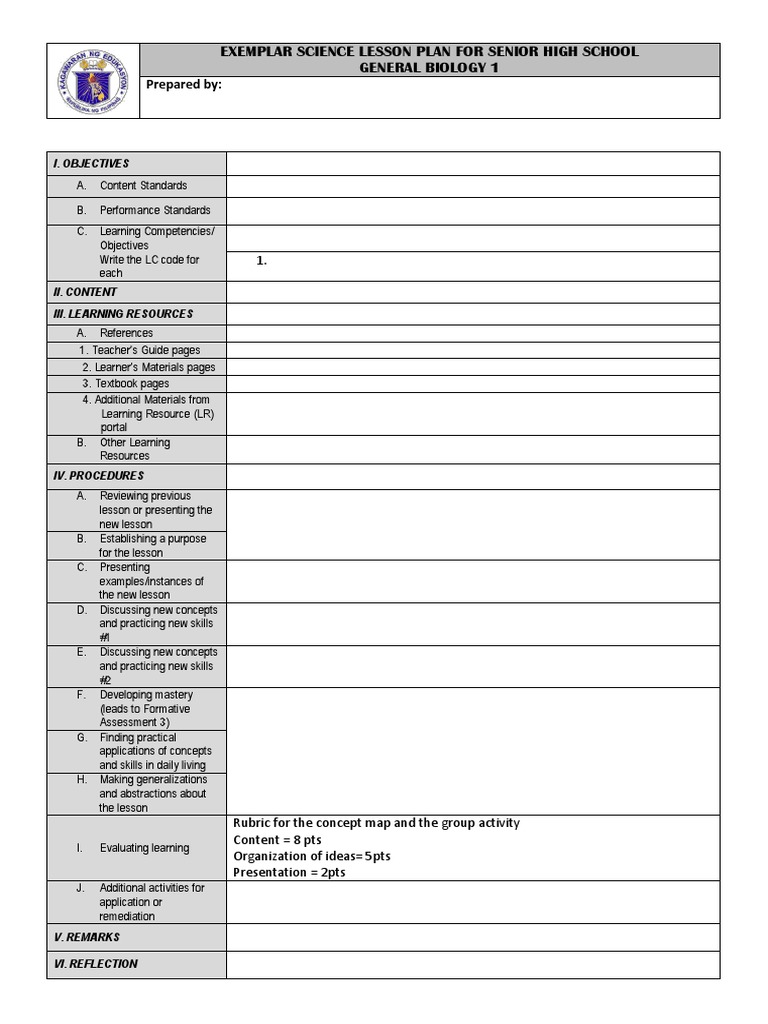 Exemplar Science Lesson Plan For Senior High School General Biology 1 ...