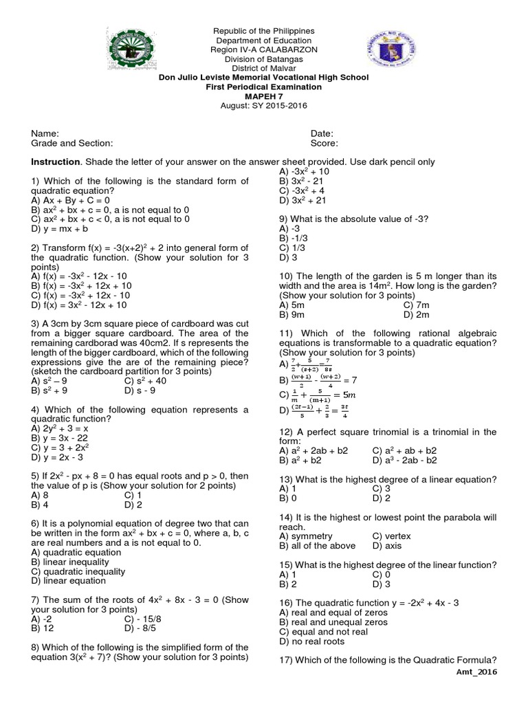 Instruction. Shade The Letter of Your Answer On The Answer Sheet ...