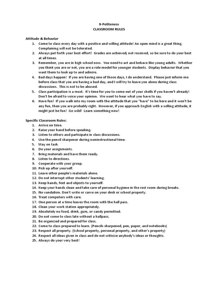 9-Politeness Classroom Rules Attitude & Behavior | PDF | Property ...