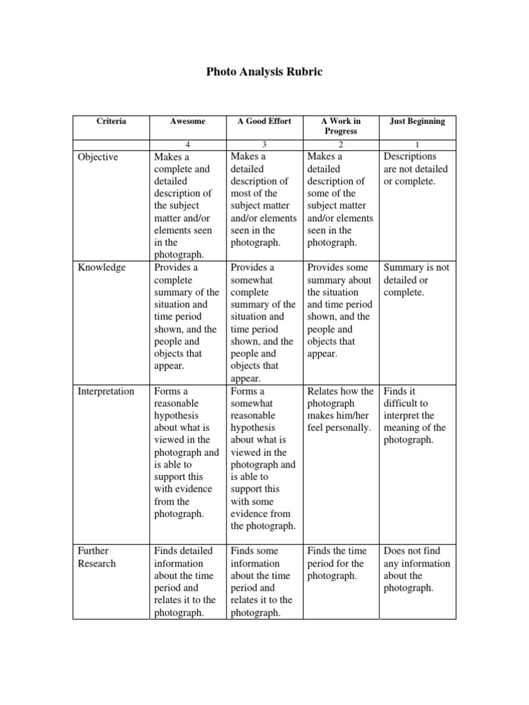 Photo Analysis Grading Rubric | PDF | Information | Methodology