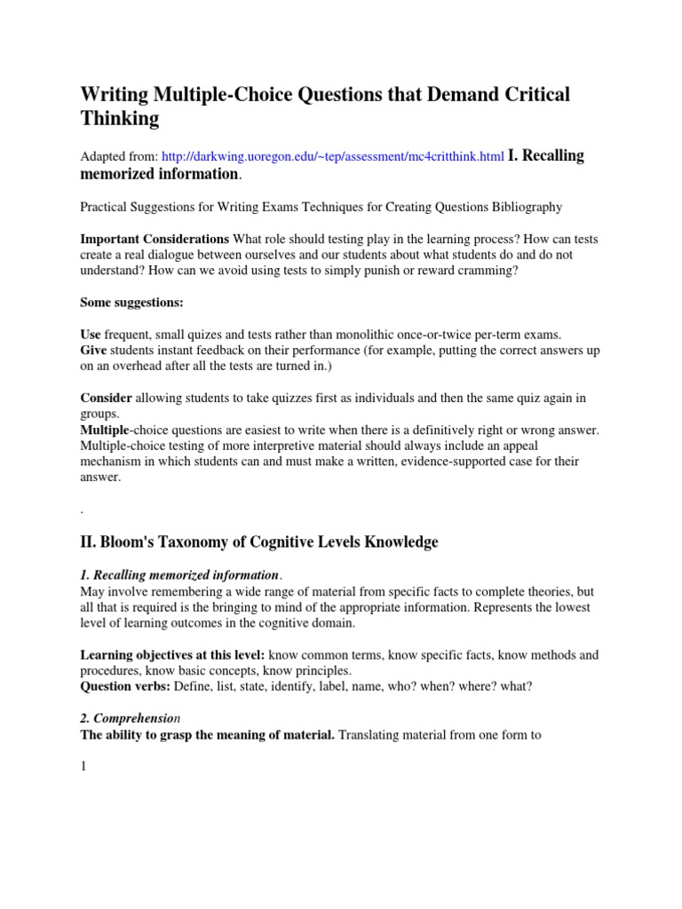 Writing Higher Order Multiple Choice | PDF | Question | Test (Assessment)