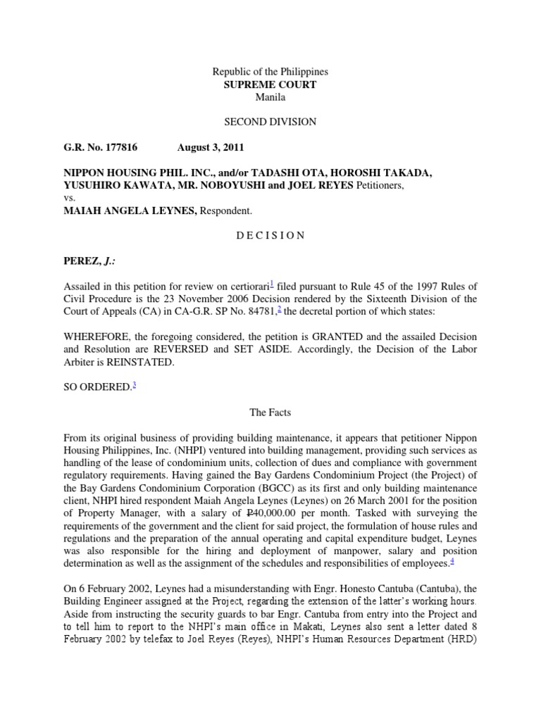 Leynes vs. NHPI: Floating Status Dismissal | PDF | Layoff ...