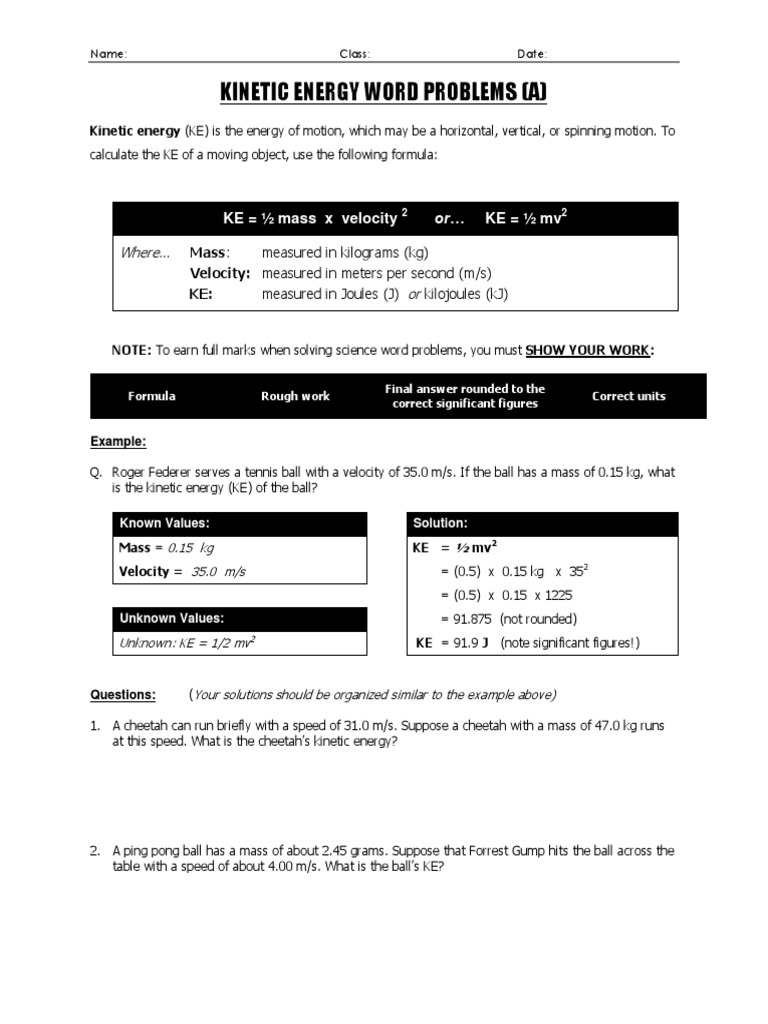 KE Word Problems - A - 1 | PDF | Kinetic Energy | Mass