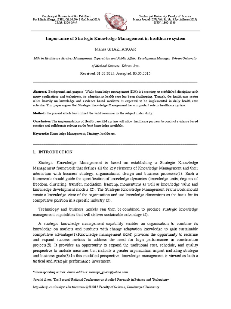 Importance of Strategic Knowledge Management in Healthcare System ...