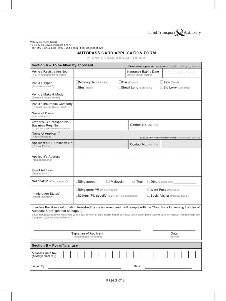 Autopass Card Application Form | PDF | Payments | Road Transport