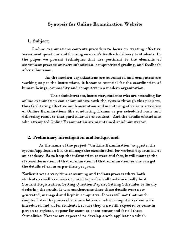 Synopsis For Online Examination Website: 1. Subject | PDF | Test ...