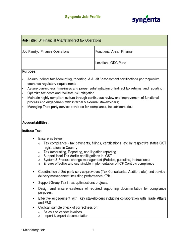 JD - SR Financial Analyst - Indirect Tax | PDF | Audit | Regulatory ...