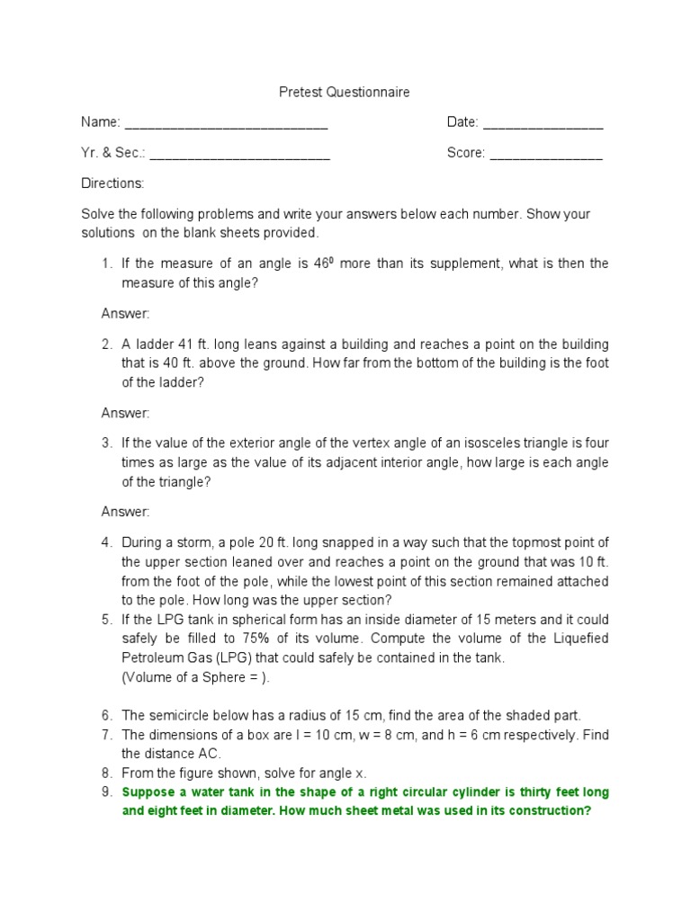 Pretest Questionnaire | PDF | Area | Angle