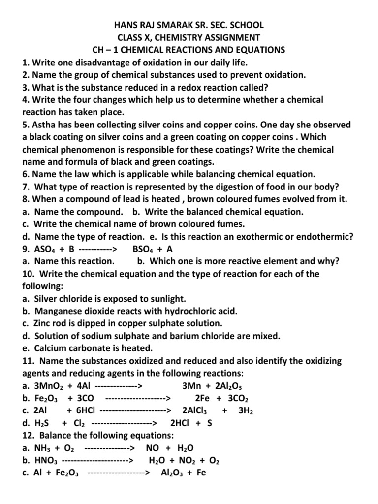 Chemistry Assignment CH-1 Class X | PDF | Redox | Chemical Reactions