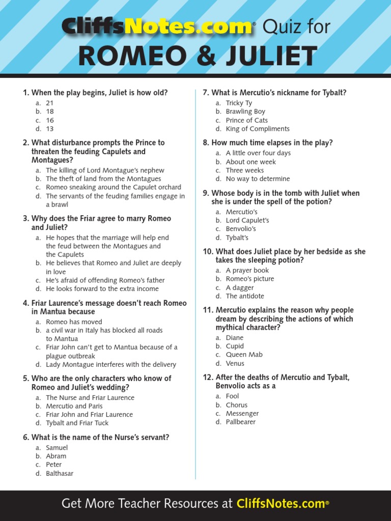 Romeo & Juliet: Quiz For | PDF | Characters In Romeo And Juliet | Romeo ...