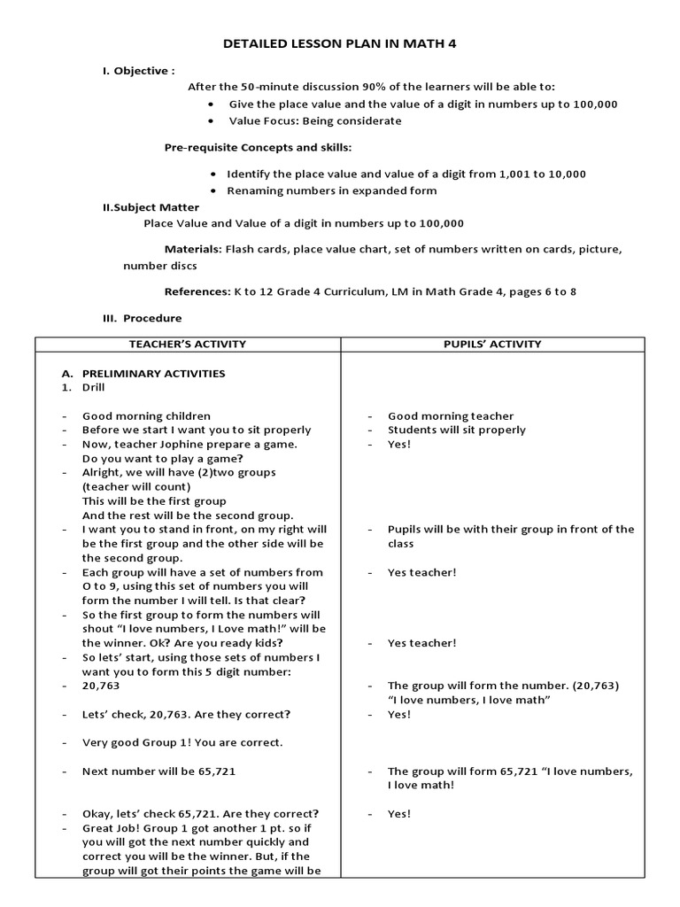 Detailed Lesson Plan in Math 4 | PDF | Lesson Plan | Education Theory