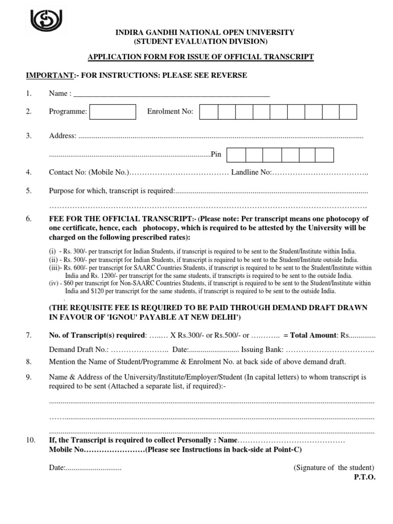 Official Transcript Form Ignou Pdf Identity Document Official
