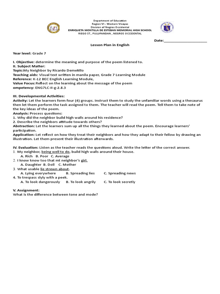 Understanding My Neighbor | PDF | Lesson Plan | Communication