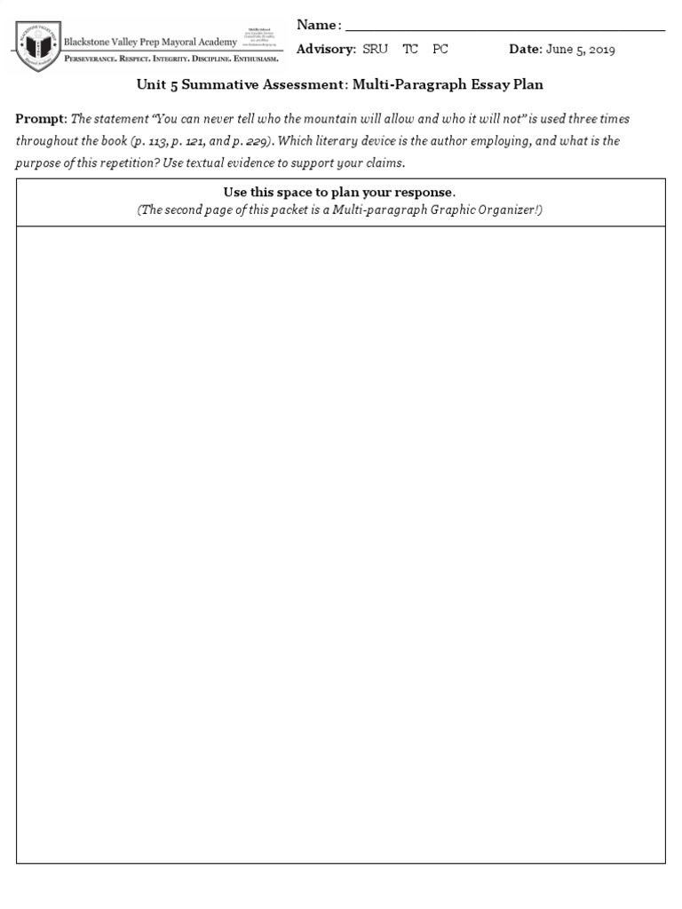 Unit Five Summative Assessment Multi-Paragraph Essay Organizer 6 5 ...