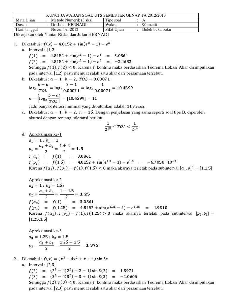 Kunci Jawaban Soal Uts Metnum Ta 2012 2013 - New | PDF