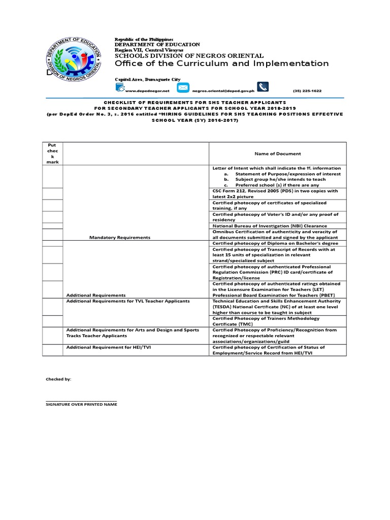 SHS Teacher Application Requirements Checklist | PDF | Licensure | Identity Document