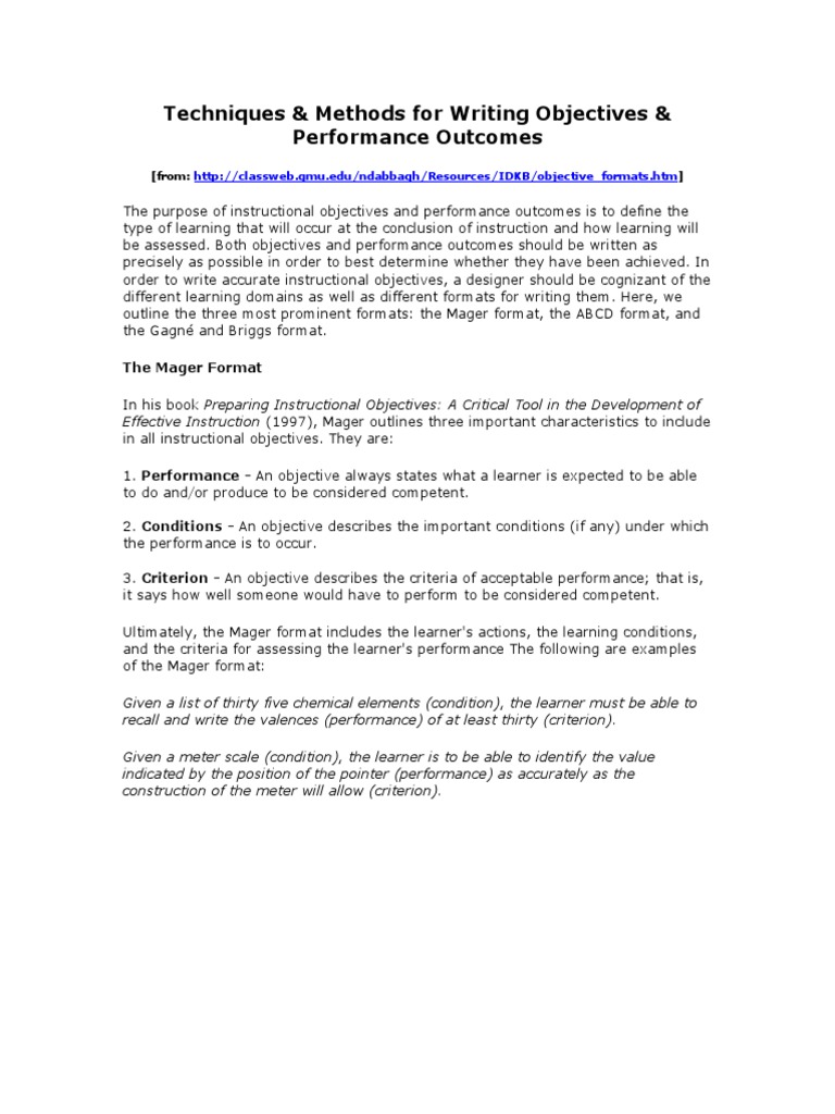 Techniques & Methods For Writing Objectives & Performance Outcomes ...