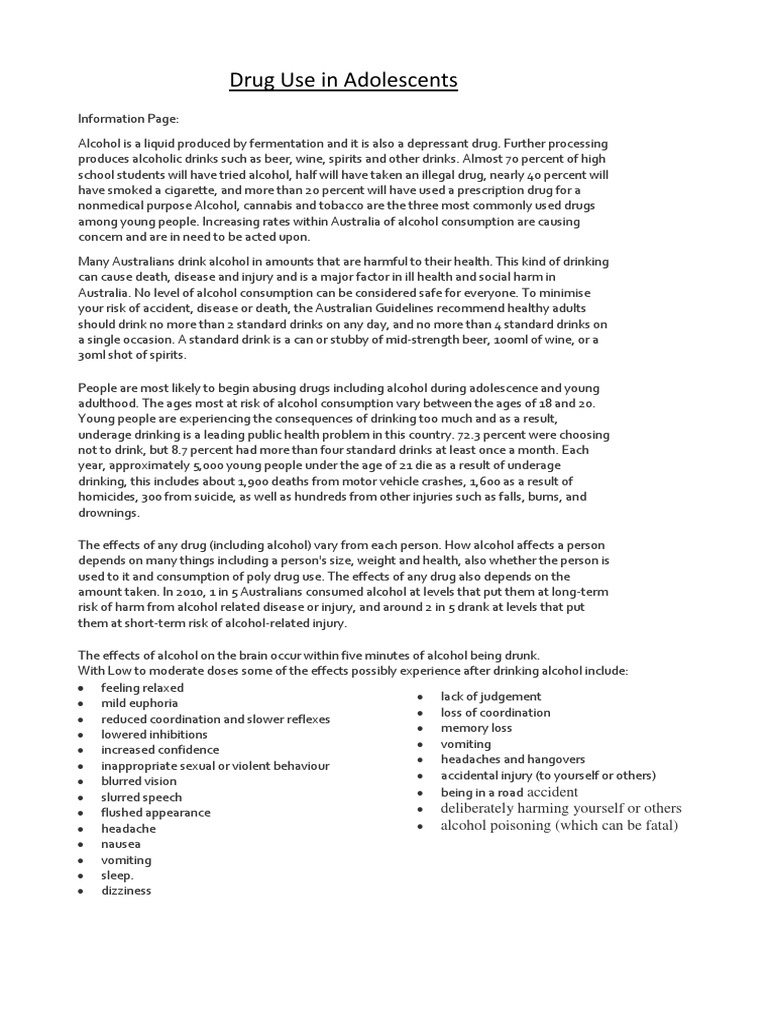 Pdhpe Assessment Task Term 1 Drug Use in Adolescents | PDF | Alcoholism ...