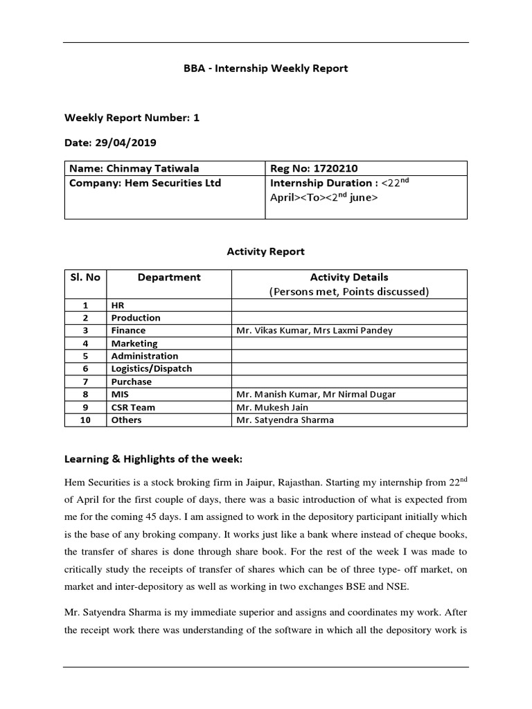 Internship Weekly Report 1 | PDF | Financial Markets | Business