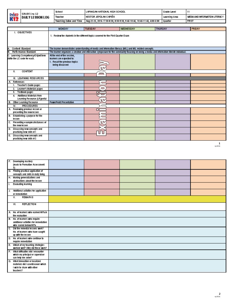 Week 11 DLL (Review 4 First Quarter Exam) | Learning | Teachers