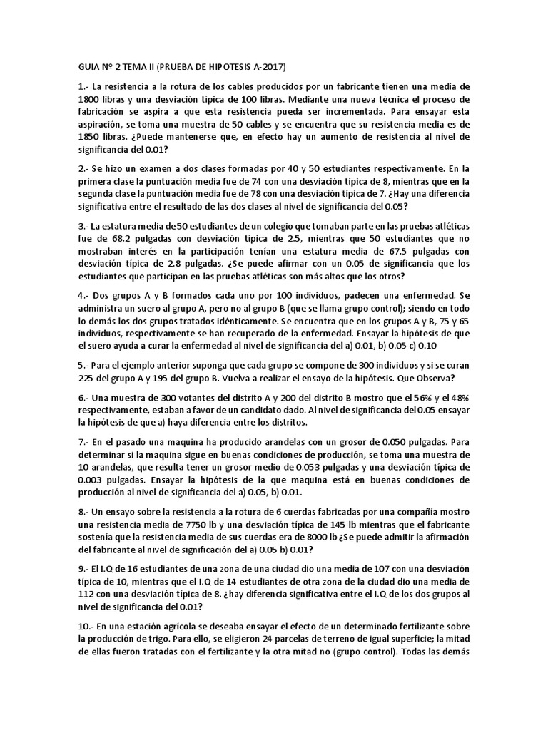 Guia de Ejercicios Prueba de Hipotesis | PDF | Muestreo (Estadísticas ...