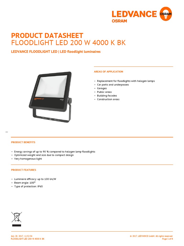 Ledvance Floodlight Led 200 W 4000 K BK Datasheet | PDF | Mains ...