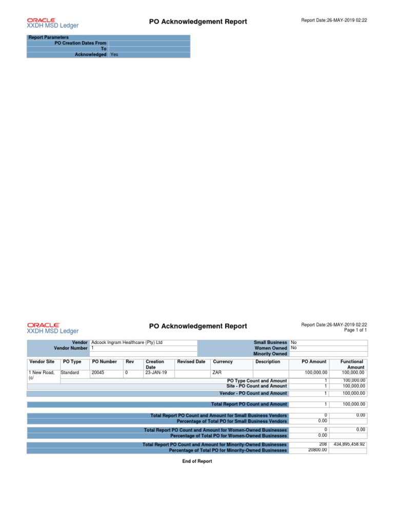 PO Acknowledgement Report: XXDH MSD Ledger | PDF