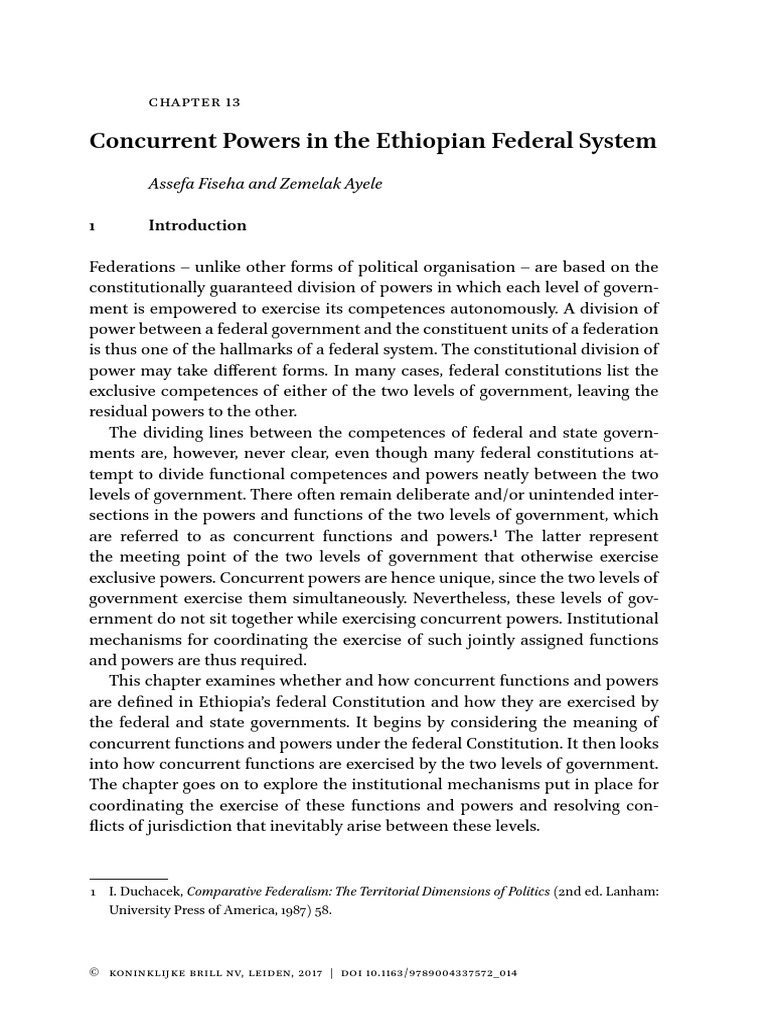 Concurrent Powers in The Ethiopian Federal System: Assefa Fiseha and ...