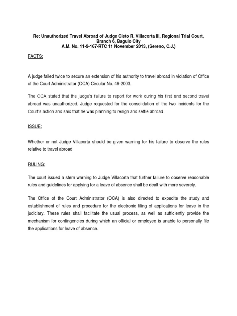 Unauthorized Travel Abroad of Judge Cleto R. Villacorta III | PDF