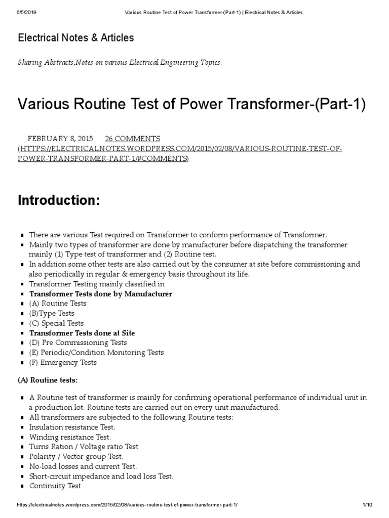 Various Routine Test of Power Transformer - (Part-1) | PDF ...