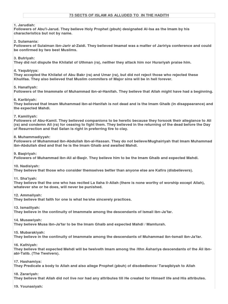 73 Sects of Islam As Alluded To in The Hadith | PDF | Hadith | Ali